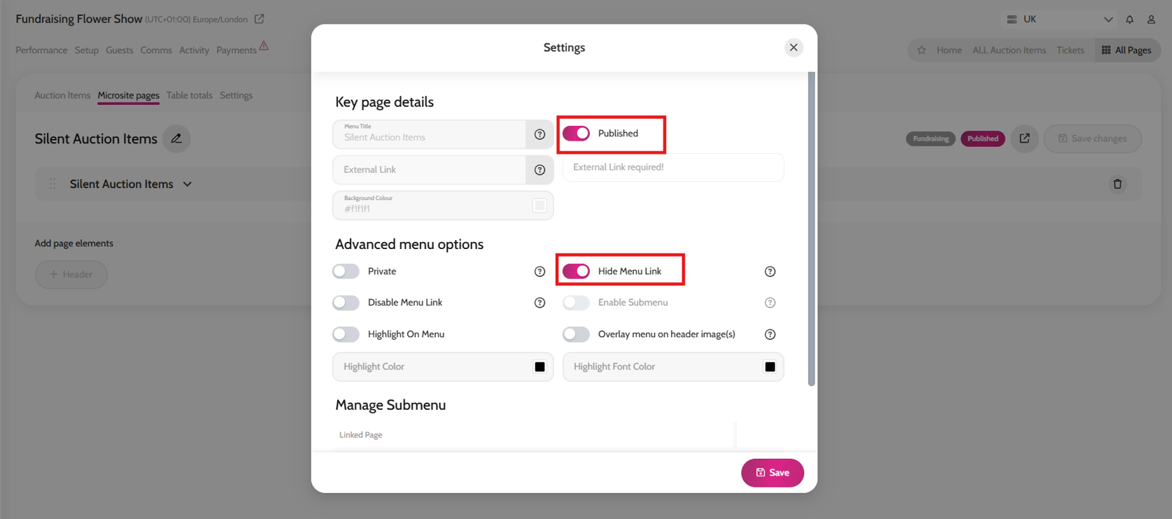 How to hide a live page from the menu