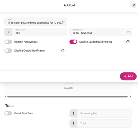 Manually adding a bid on a silent auction item